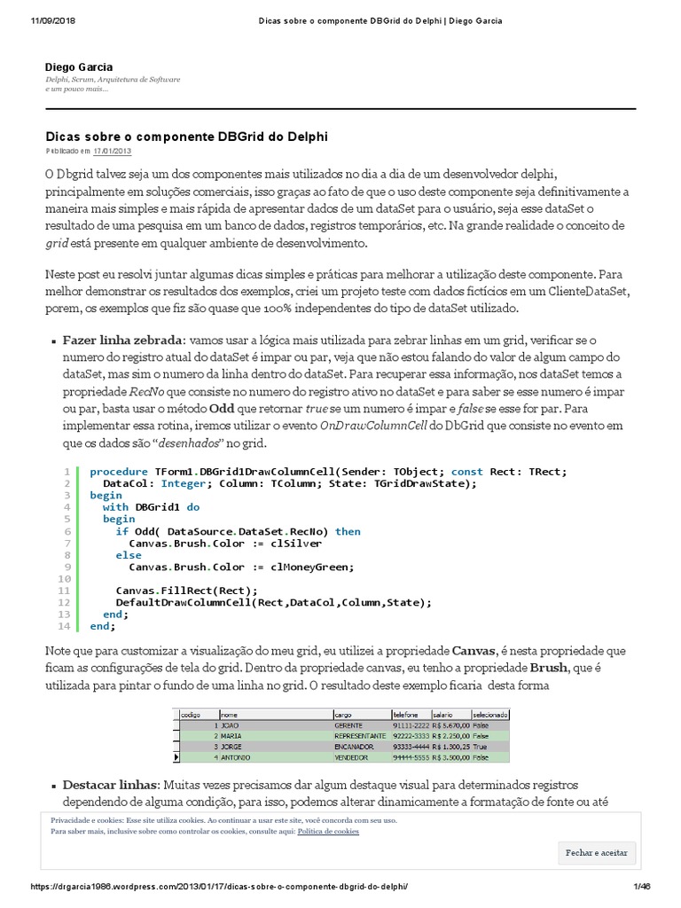 Dicas Sobre o Componente DBGrid Do Delphi - Diego Garcia | PDF | Números | Cookie de HTTP