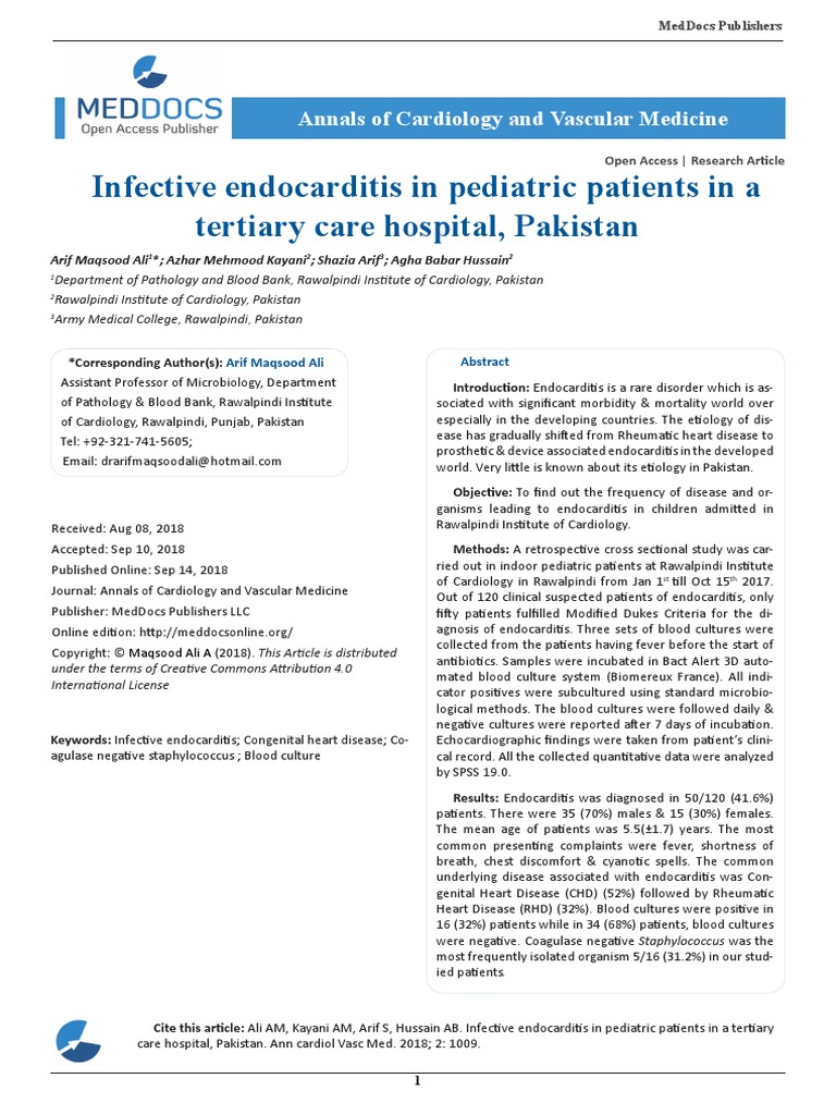 Infective Endocarditis in Pediatric Patients in A Tertiary Care ...