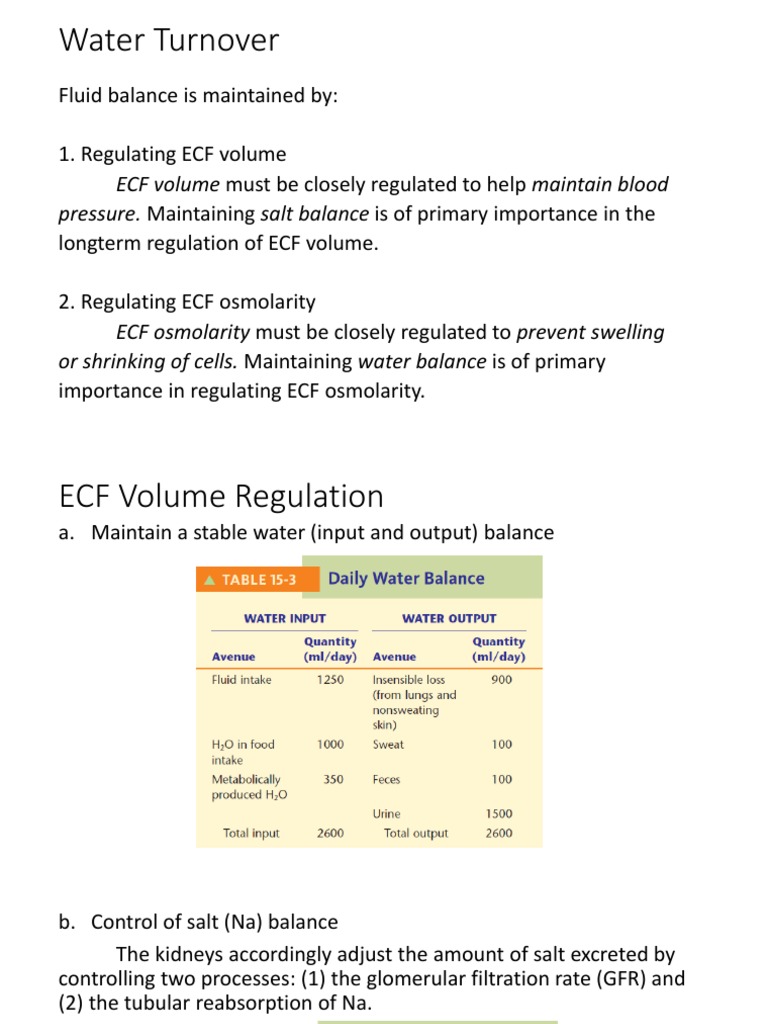 Water Turnover: Fluid Balance Is Maintained By: 1. Regulating ECF ...