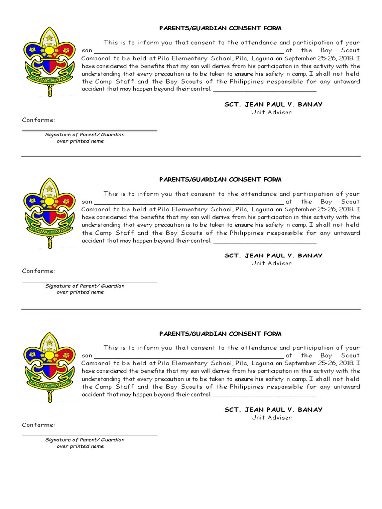 Parents/Guardian Consent Form: Signature of Parent/ Guardian Over ...