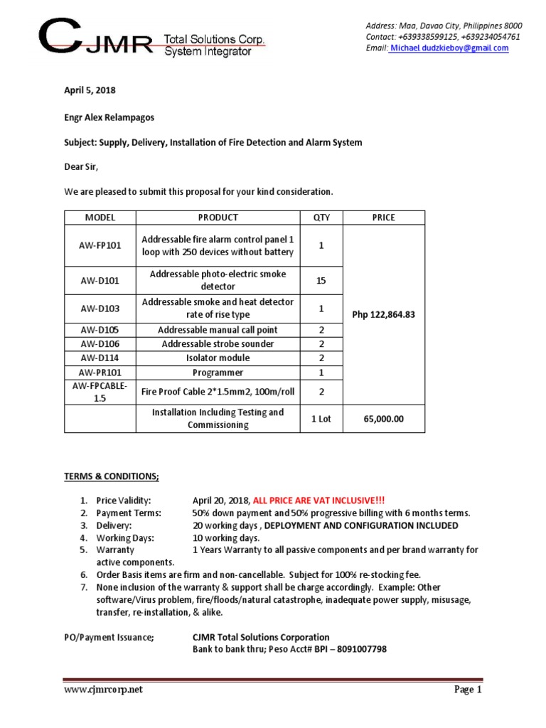 April 5, 2018 Engr Alex Relampagos Subject: Supply, Delivery ...