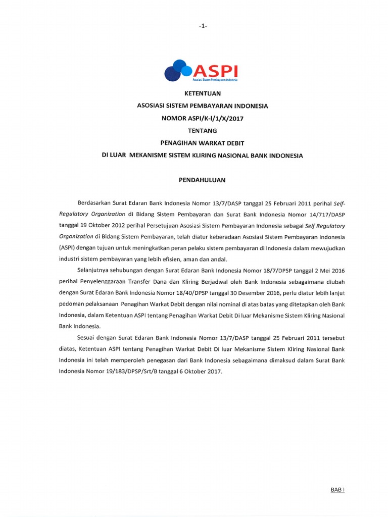 KASPI No. ASPI K-I 1 X2017 - Penagihan Warkat Debit Di Luar Mekanisme ...