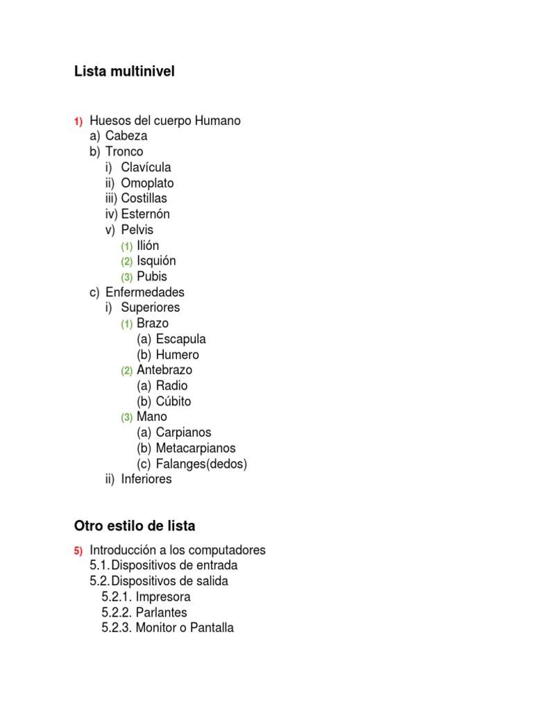 Lista Multinivel y Columnas Periodisticas | PDF | Mano | Sistema musculoesquelético
