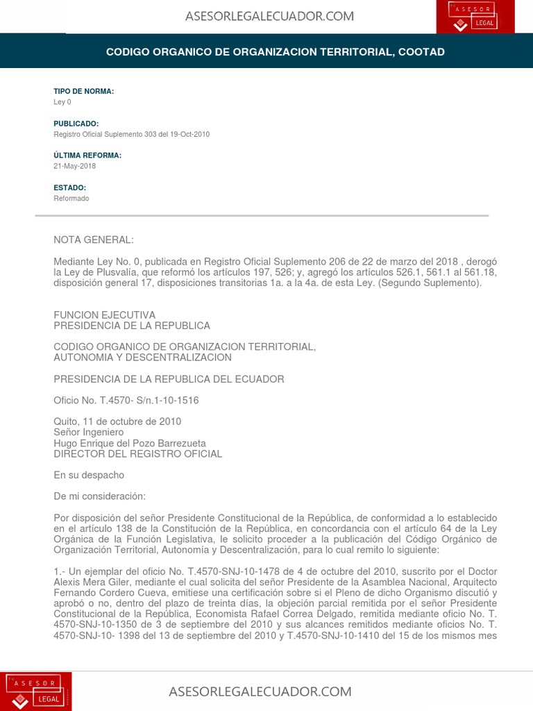 Codigo Organico de Organizacion Territorial Cootad | PDF | Gobierno ...