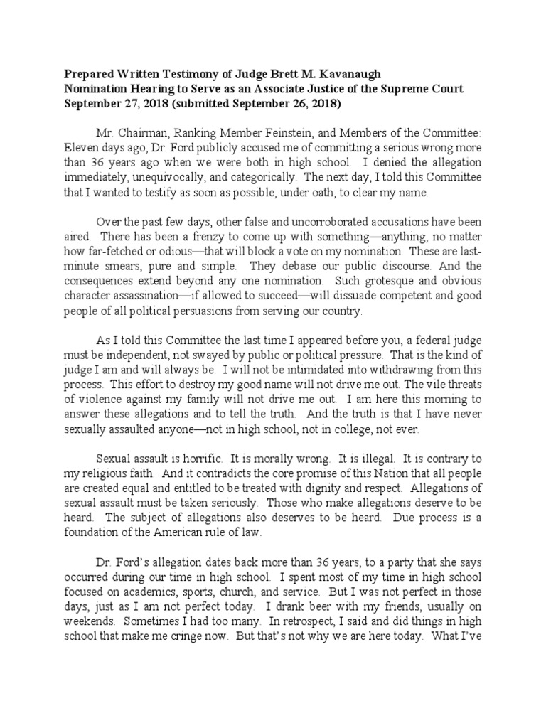 BK Written Testimony - Submitted Sept 26 | PDF | Testimony | Judge