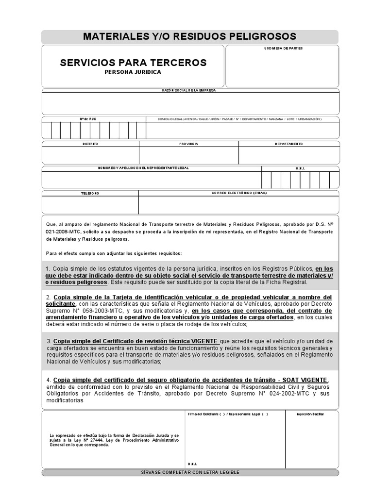 Solicitud de Transporte de Materiales y Residuos Peligrosos (Terceros) | PDF | Gobierno | Justicia