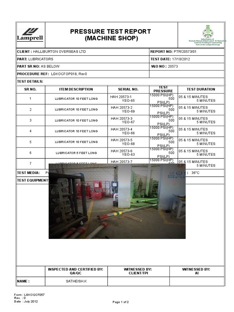Pressure Test Report (Machine Shop) : Lubricator 10 Feet Long | PDF ...