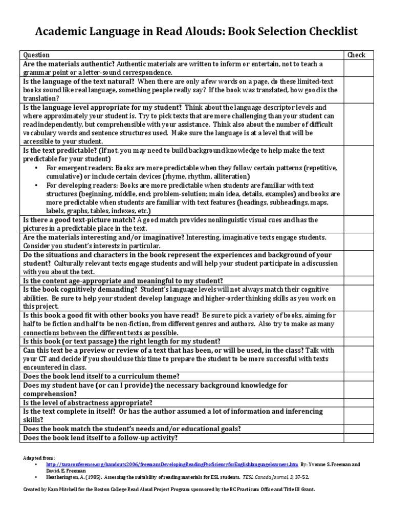 Book Selection Checklist | PDF | Translations | Reading Comprehension