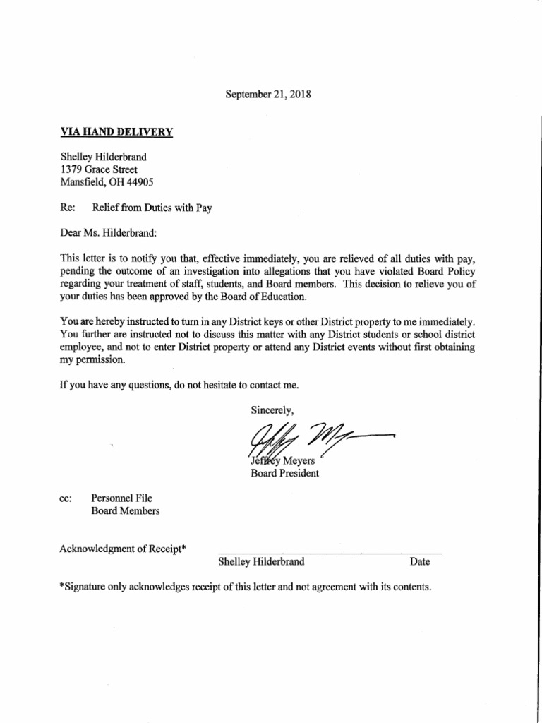 Paid administrative leave letter to Shelley Hilderbrand