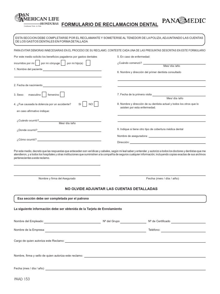 Hoja de Seguro PALIG PANAMEDIC Reclamacion Plan Dental | Odontología ...