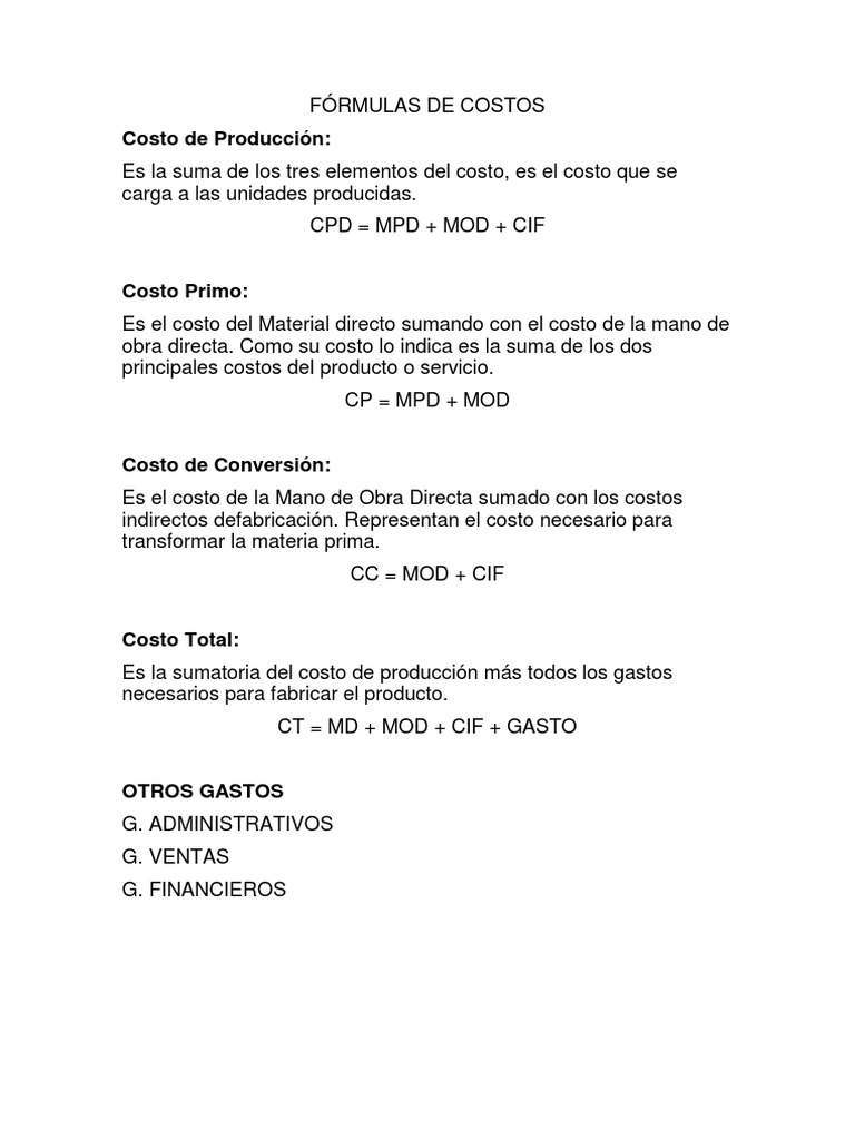 Fórmulas de Costos | PDF