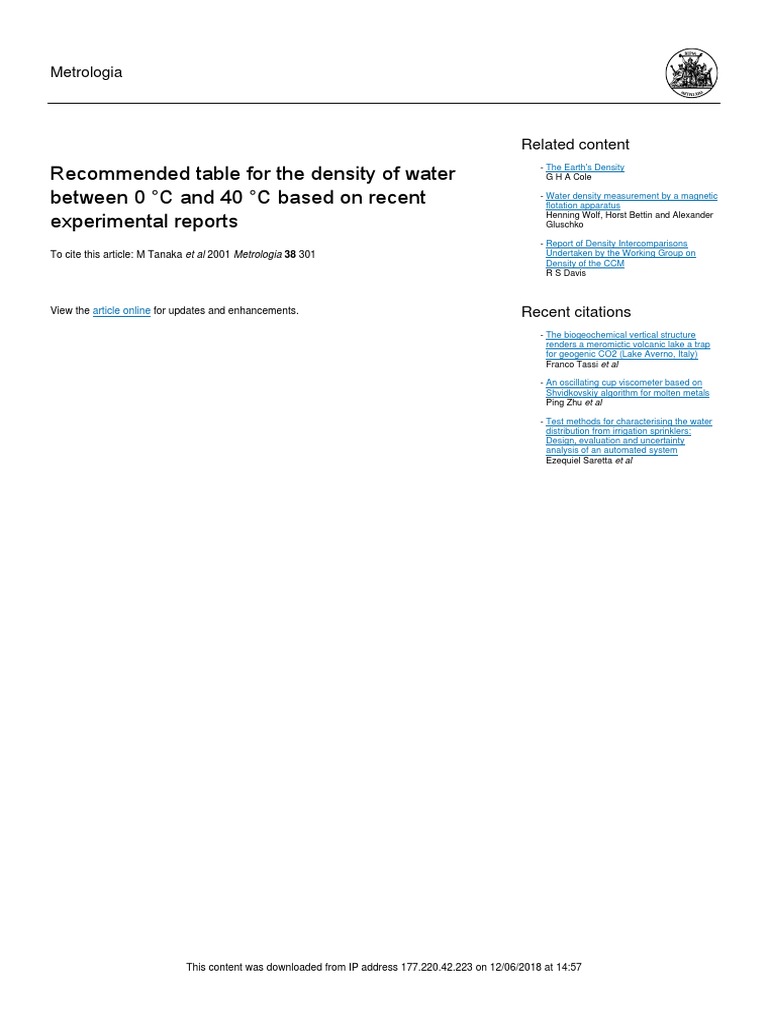 Recommended Table For The Density of Water | PDF | Density ...