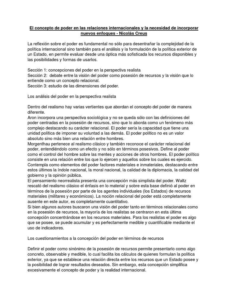 El Concepto de Poder en Las Relaciones Internacionales y La Necesidad ...