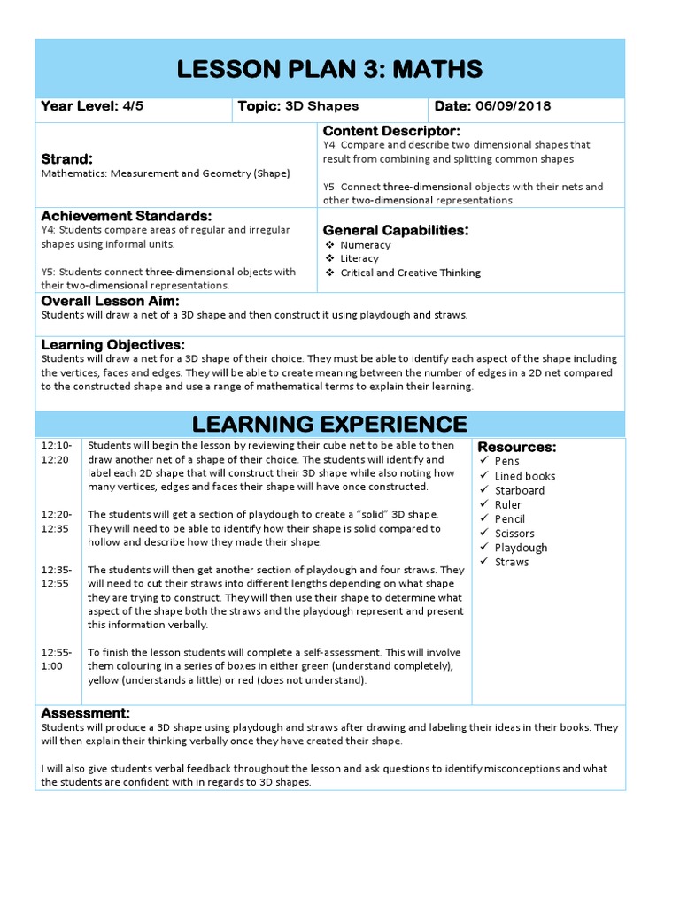 Maths - Lesson Plan 3 | PDF | Shape | Lesson Plan