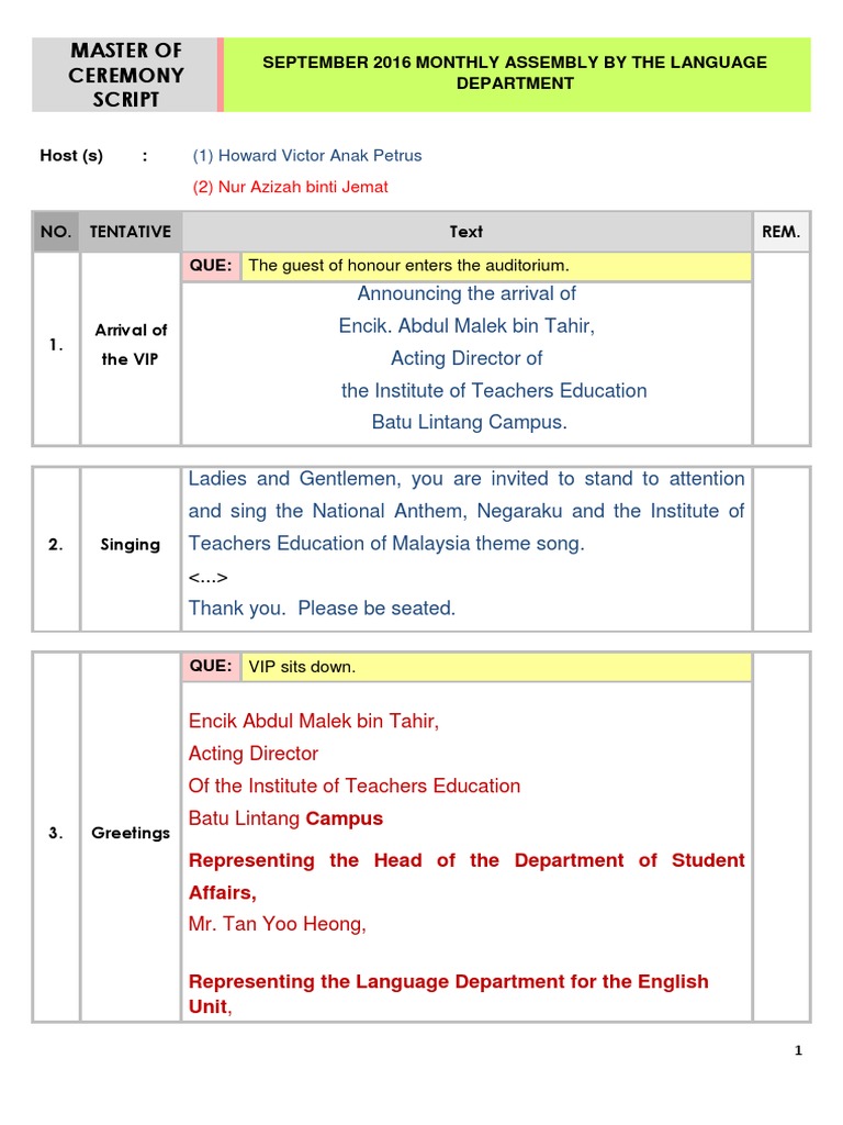 English MC Script For September 2016 Assembly | PDF