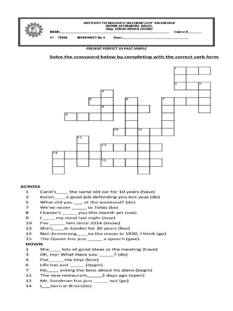 Guia 4 Present Perfect Vs Past Simple Crossword | PDF