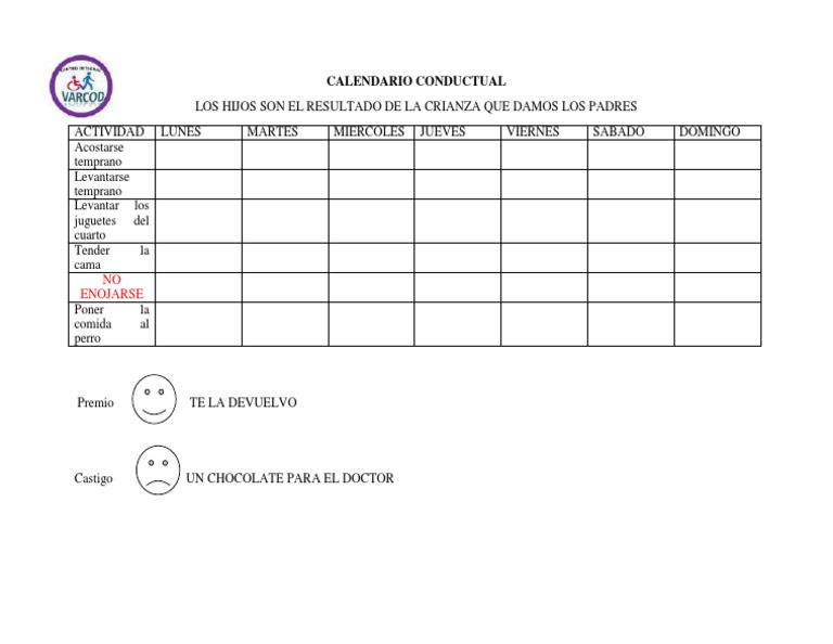 Calendario Conductual para Niños | PDF | Salud y bienestar | Cocina ...