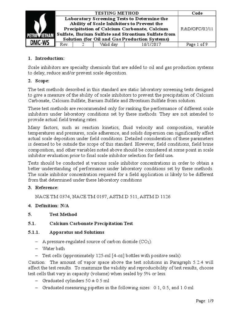 Scale Inhibitor Test Method 2017 | PDF | Sodium Chloride | Carbon Dioxide