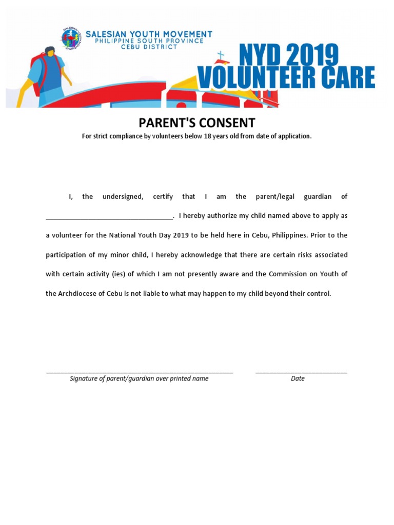 Parent'S Consent: For Strict Compliance by Volunteers Below 18 Years ...