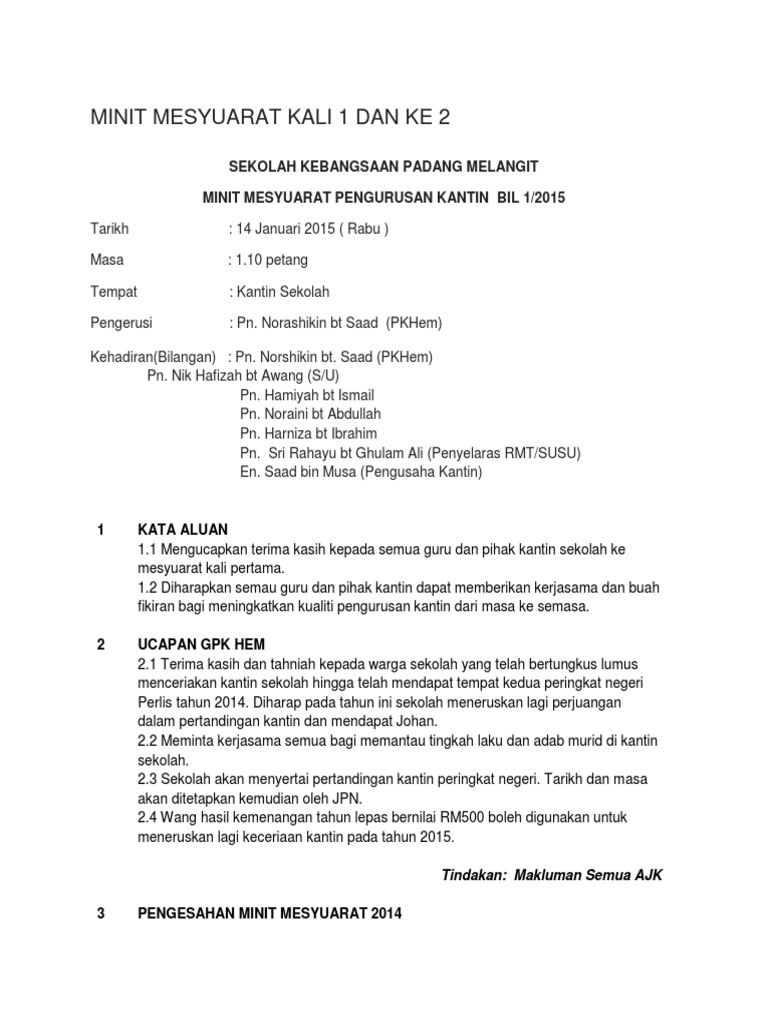 Minit Mesyuarat Kantin Kali 1 Dan Ke 2 | PDF