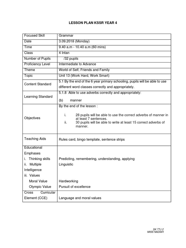 Lesson Plan KSSR Year 4 | PDF | Adverb | Teachers
