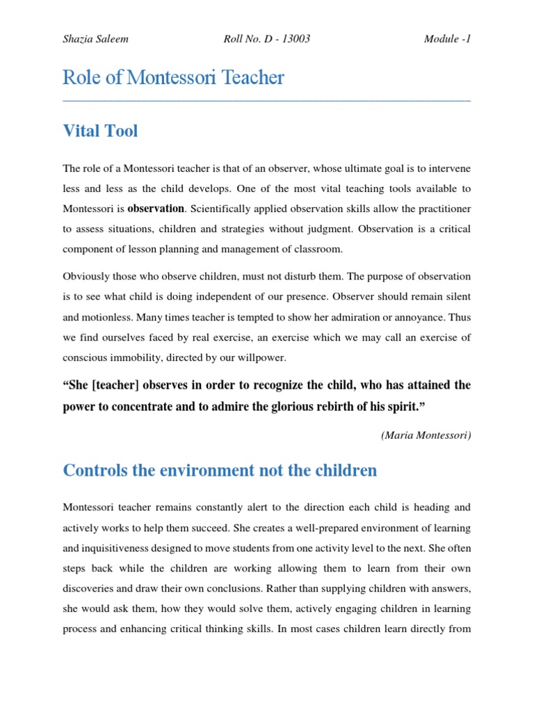 Role of Montessori Teacher | Montessori Education | Teachers