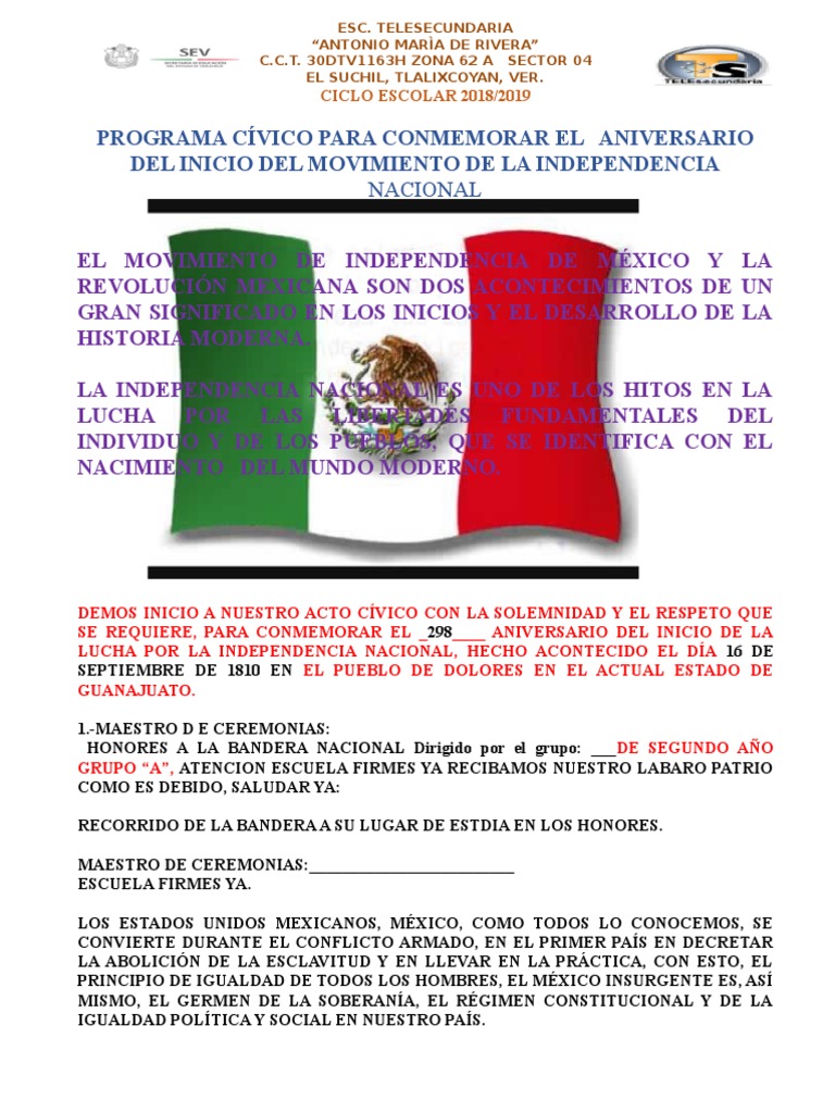 Acto Civico Del Dia de La Independencia y Programa Cultura 2018 ESC ... Acto Civico Del Dia de La Independencia y Programa Cultura 2018 ESC ...
