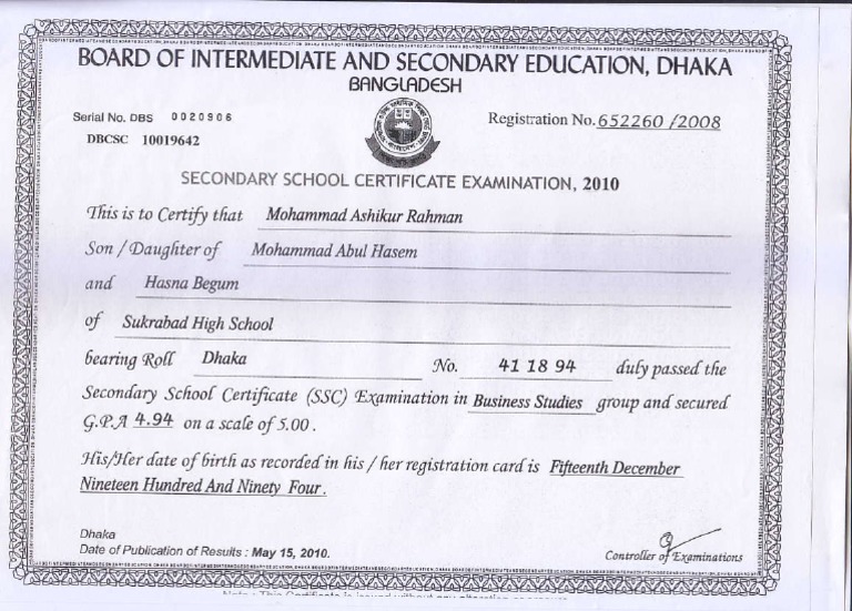 SSC Certificate | PDF