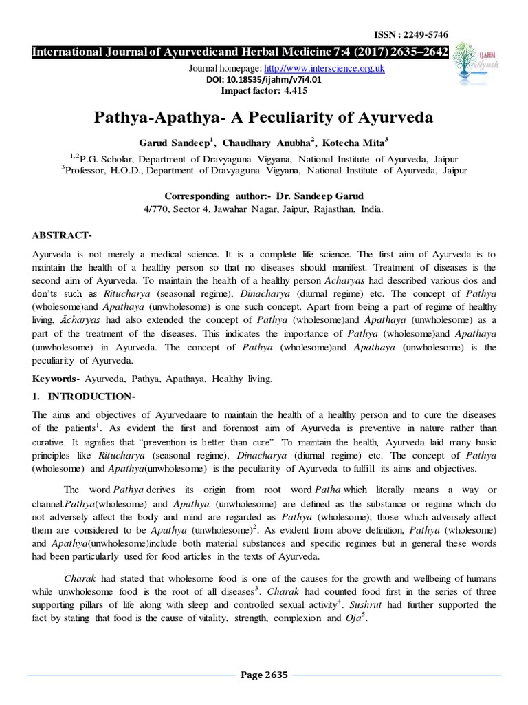 Pathya-Apathya - A Peculiarity of Ayurveda | PDF | Ayurveda | Wellness