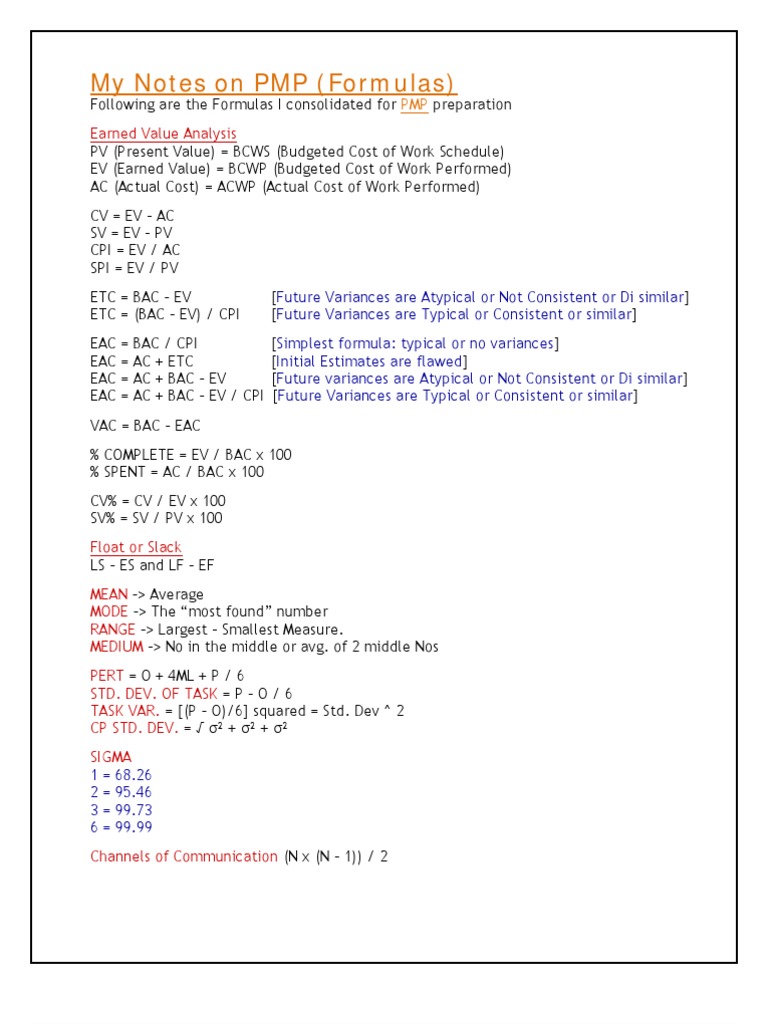My Notes On PMP Formulas | PDF | Net Present Value | Internal Rate Of ...