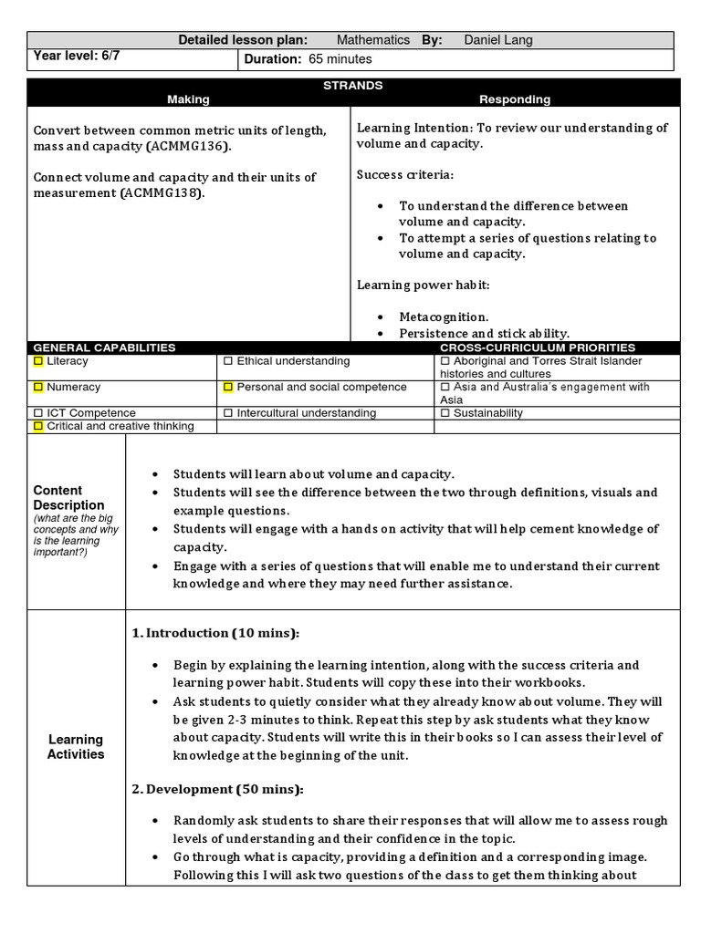 Capacity Lesson Plan | Download Free PDF | Understanding | Lesson Plan