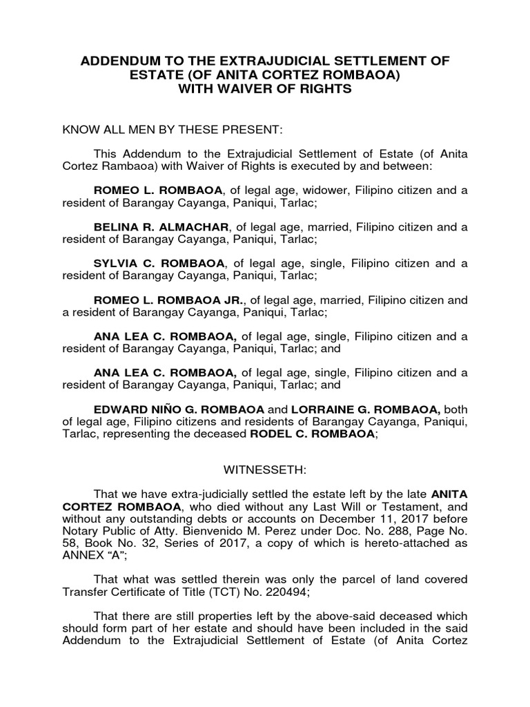 Addendum to Extrajudicial Settlement | PDF | Justice | Crime & Violence