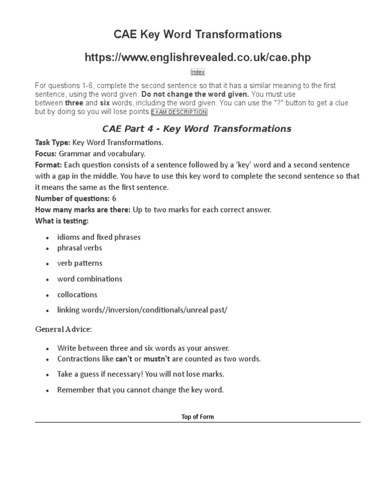 CAE Key Word Transformation Guide | PDF | Phrase | Idiom