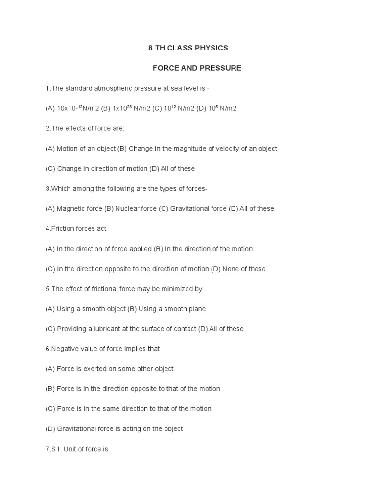 8 TH Class Physics Force and Pressure | PDF