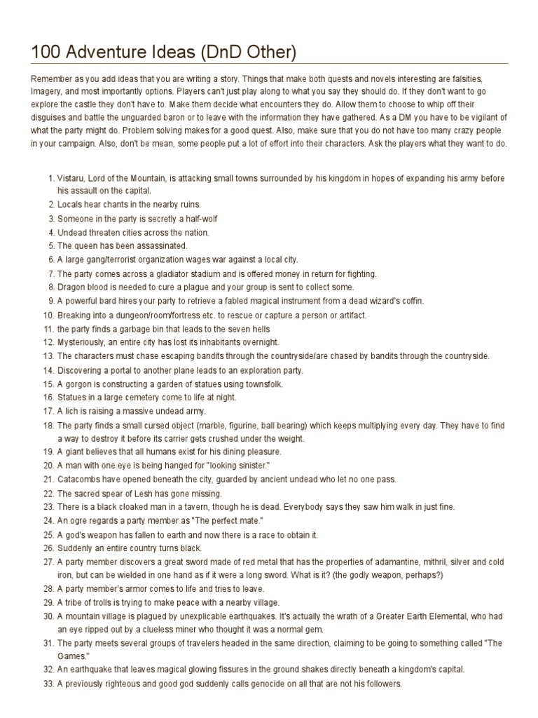 100 Adventure Ideas | PDF | Witchcraft | Dungeons & Dragons
