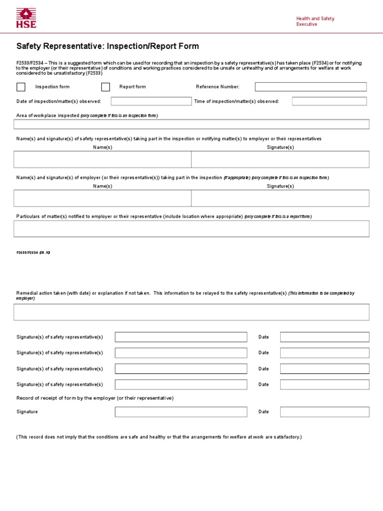 Safety Representative: Inspection/Report Form: Health and Safety ...