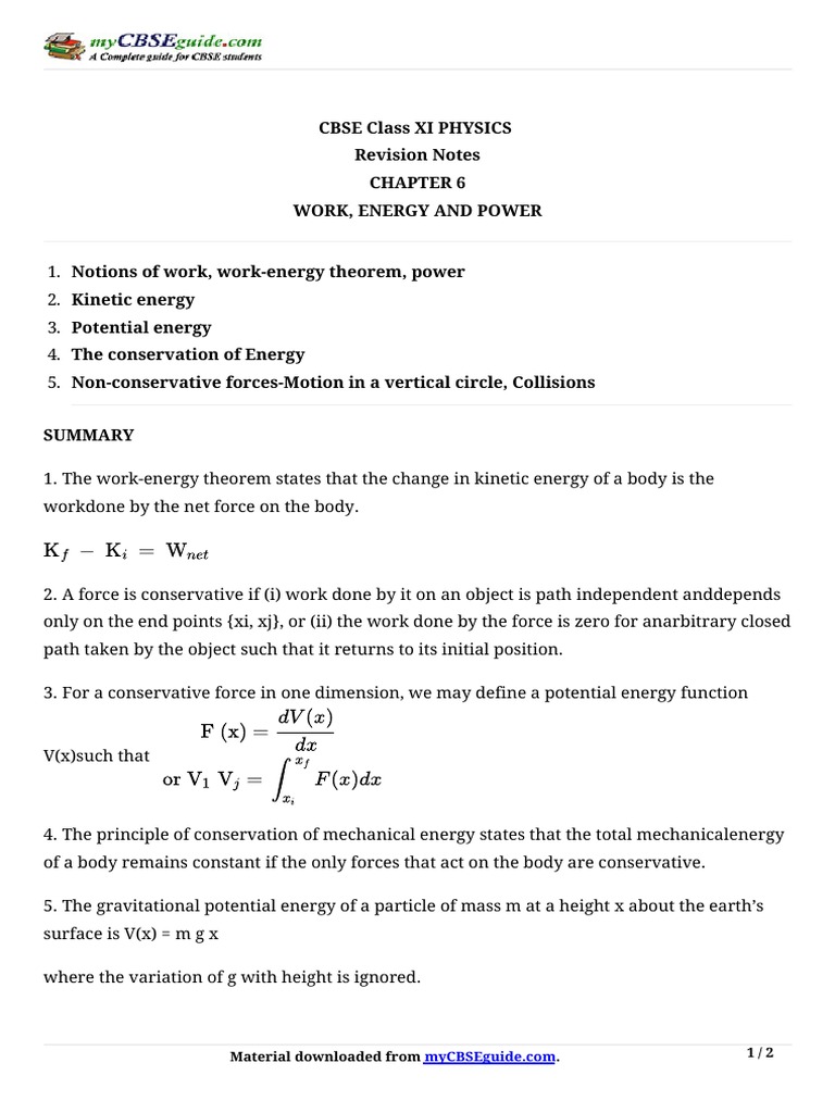Cbse Class Xi Physics Revision Notes Work, Energy and Power: Material ...