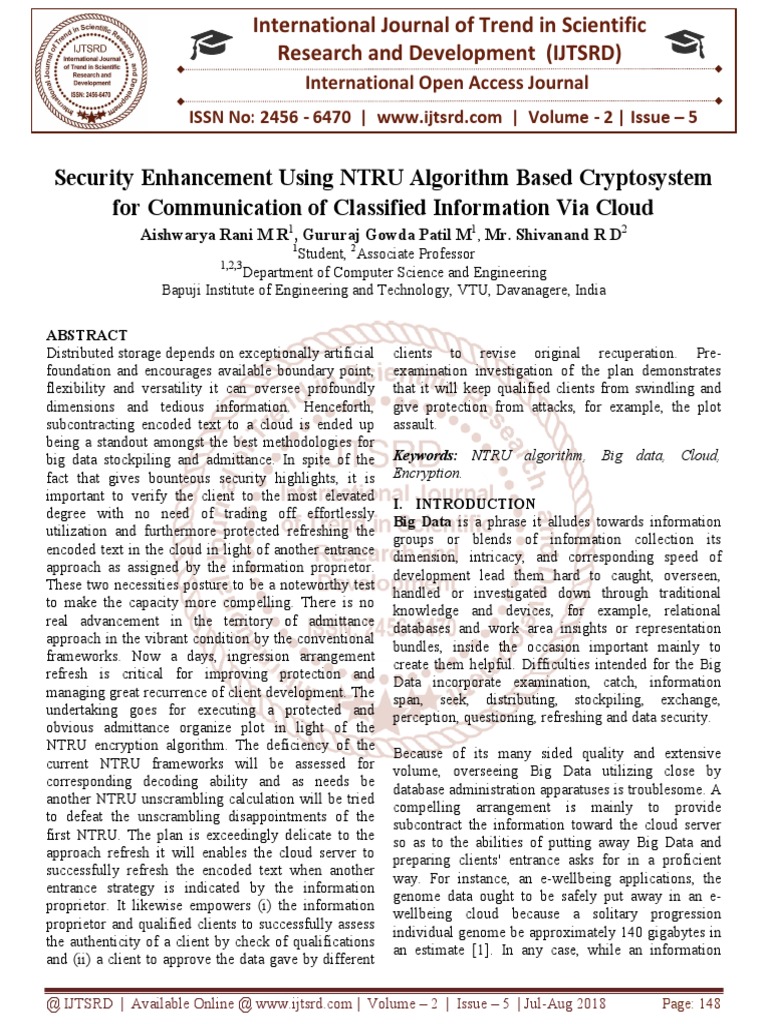Security Enhancement Using Ntru Algorithm Based Cryptosystem For Communication Of Classified