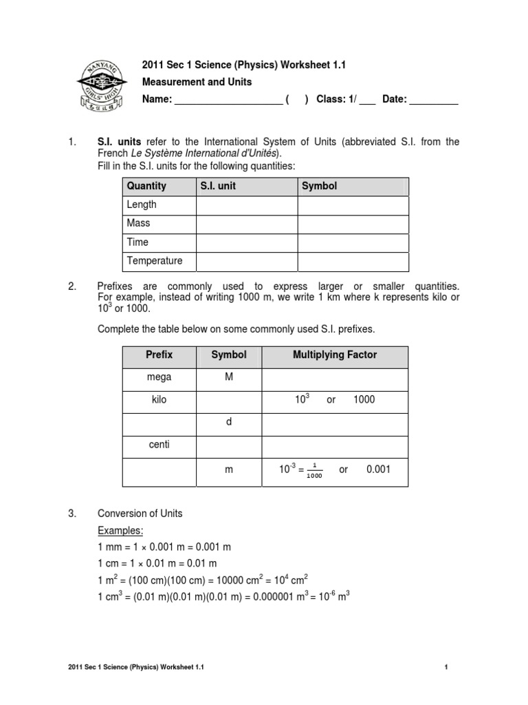 WS1 1 | PDF | International System Of Units | Measurement