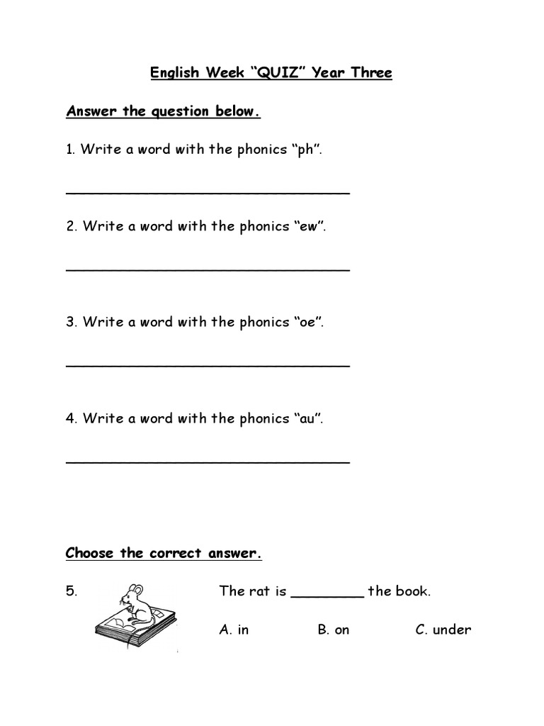 English Week "QUIZ" Year Three Answer The Question Below | PDF