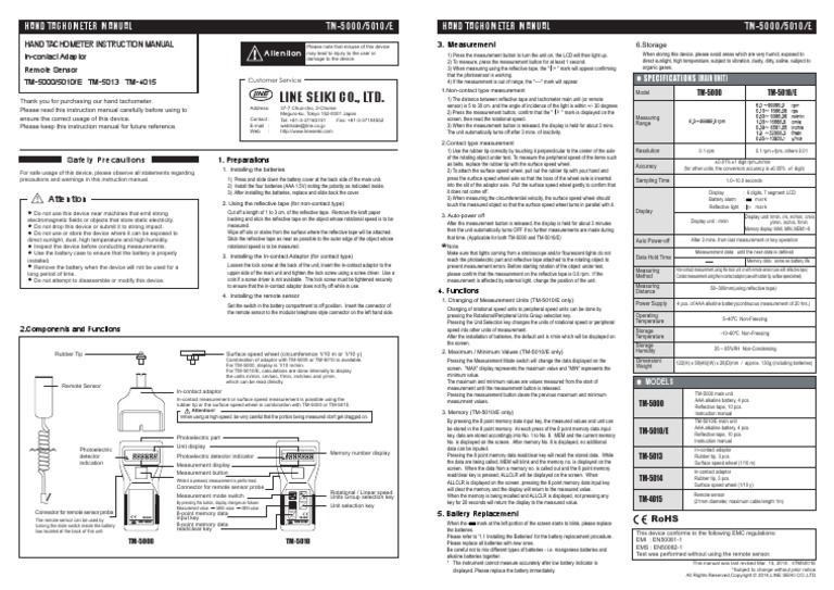 Line Seiki Co., LTD.: Hand Tachometer Manual TM-5000/5010/E Hand Tachometer Manual TM-5000/5010 ...