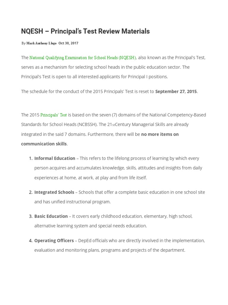 NQESH Principal's Test Review Guide | PDF | Schools | Teachers