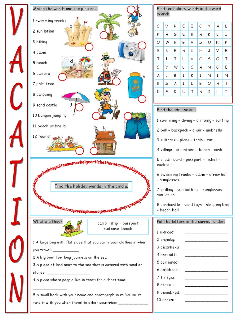 Vacation Vocabulary Exercises Fun Activities Games Icebreakers Oneonone ...