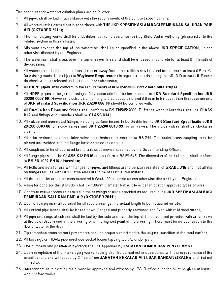 The Conditions For Water Reticulation Plans | PDF | Pipe (Fluid ...