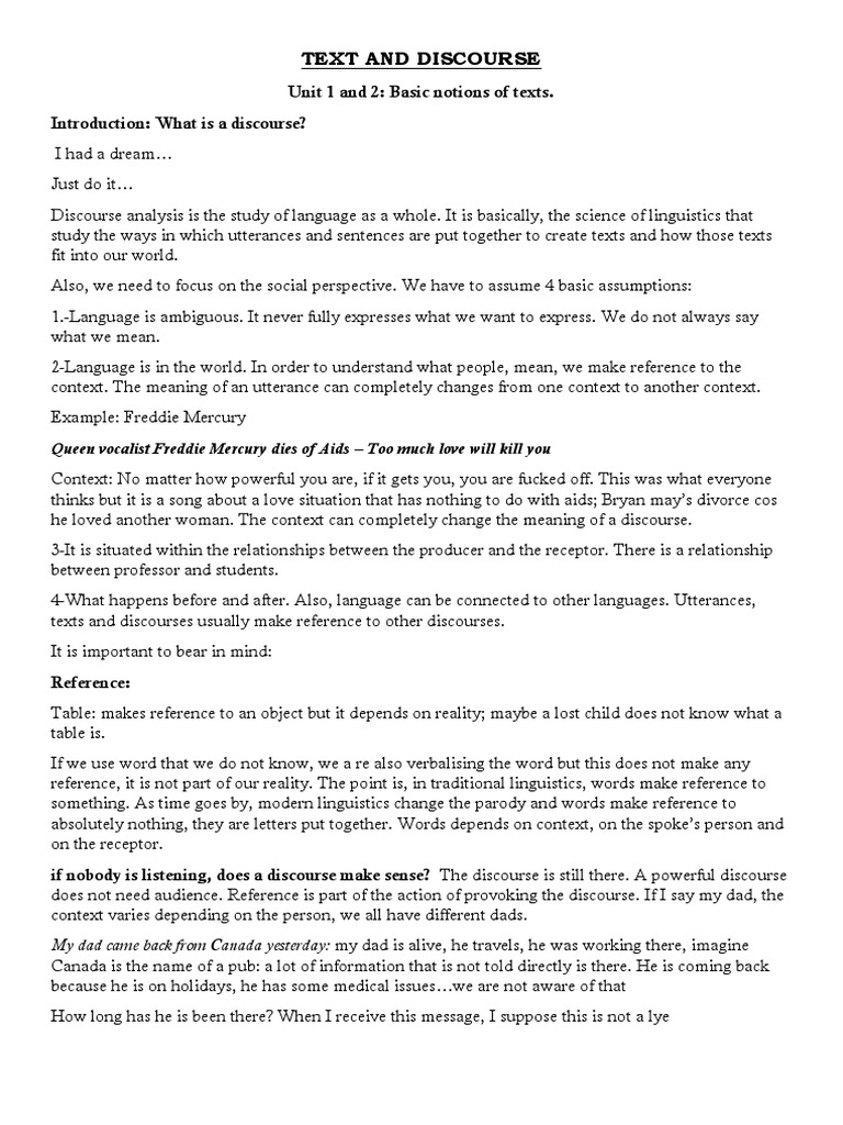 Text and Discourse: Unit 1 and 2: Basic Notions of Texts. Introduction: What Is A Discourse ...