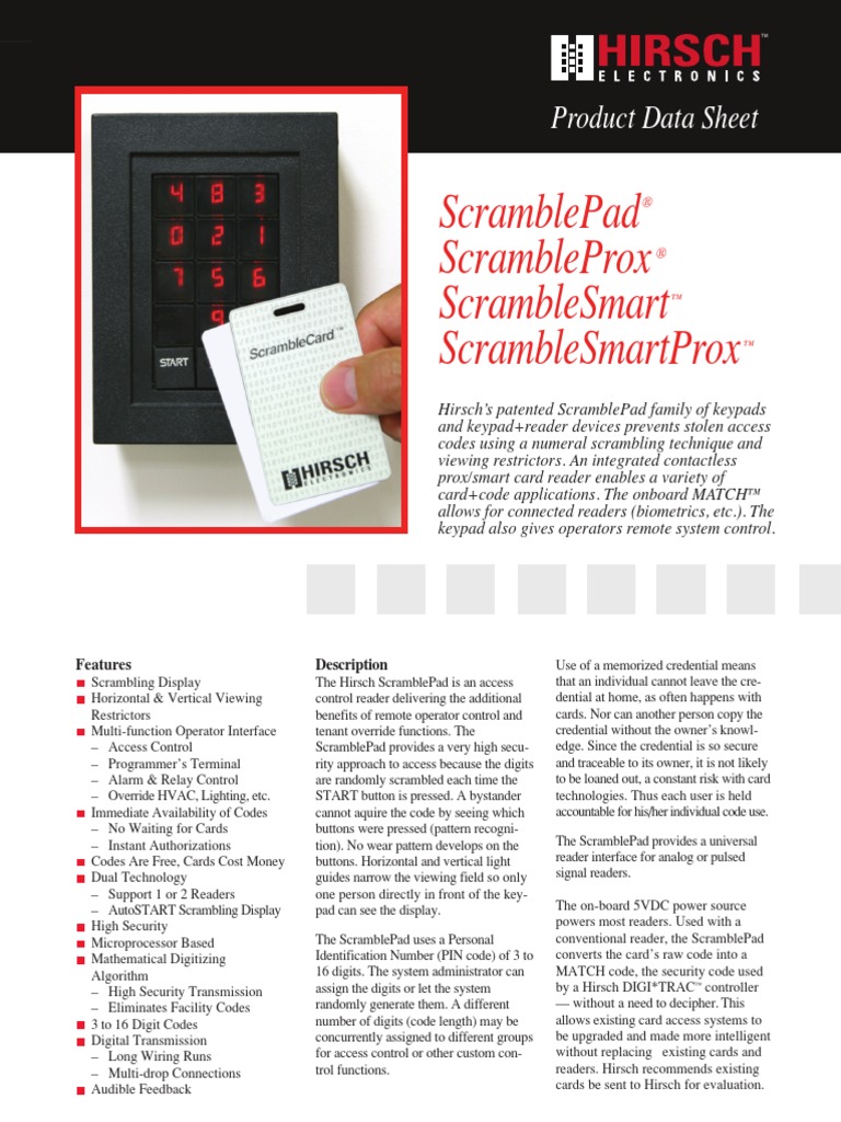 Hirsch ScramblePadProxSmart | PDF | Access Control | Electronics