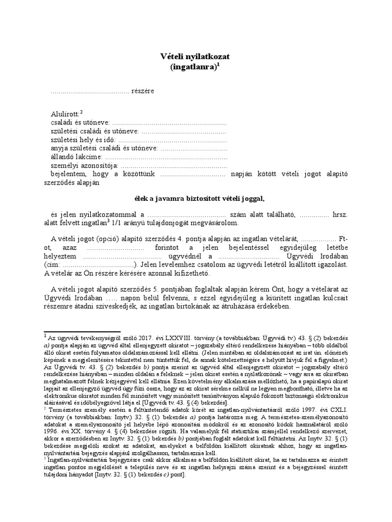 Nyilatkozat Vételi Jog Érvényesítésére | PDF