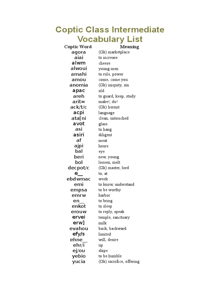 Coptic Class Intermediate Vocabulary List | PDF | Foreign Language Studies