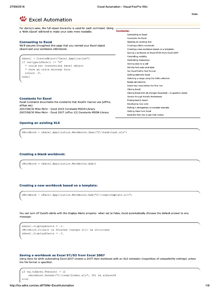 Excel Automation - Visual FoxPro Wiki | PDF