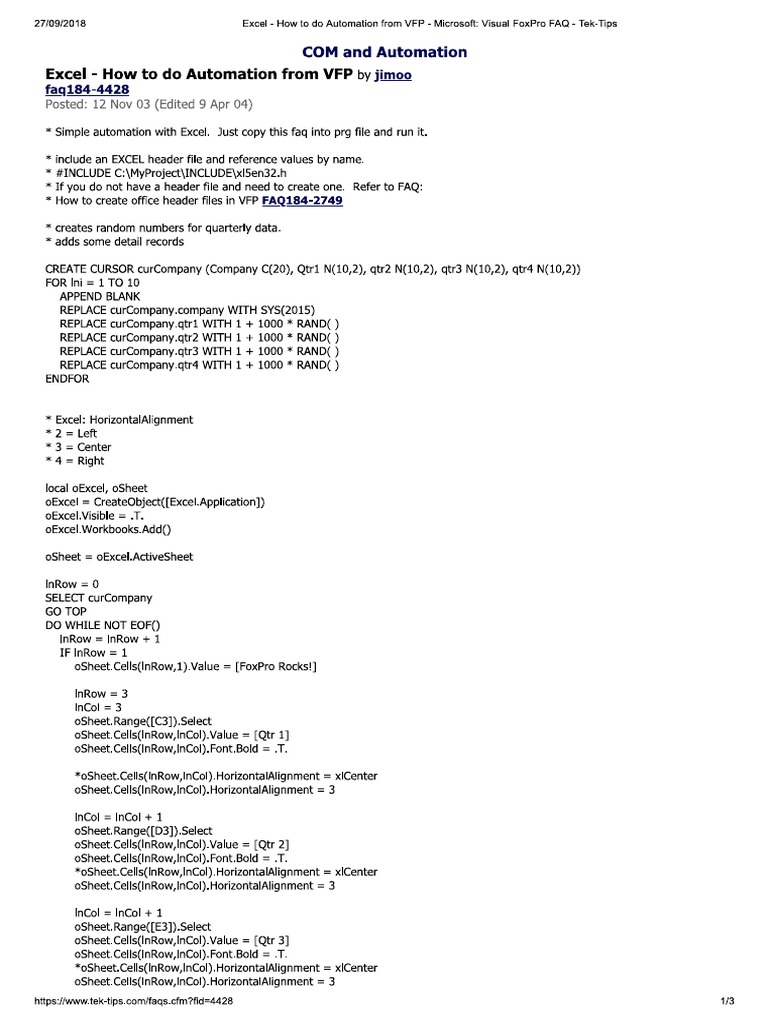 Excel How To Do Automation From Vfp Microsoft Visual Foxpro Faq Tek Tips Pdf